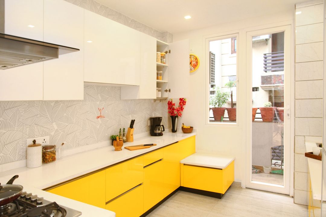 Contemporary L-Shape Modular Kitchen Design with Marigold Base Unit ...