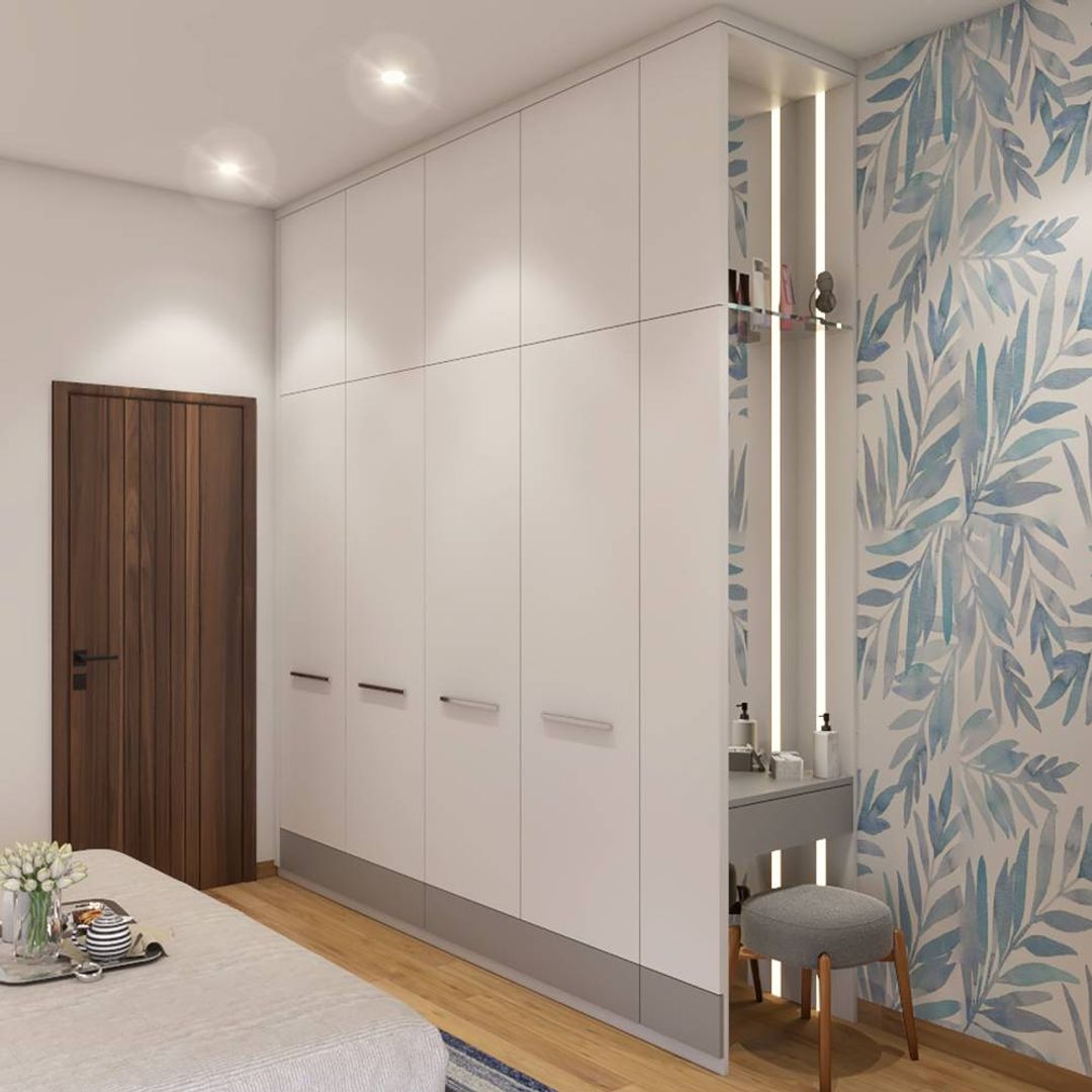 4-Door White And Grey Swing Wardrobe Design With Dressing Table Unit ...
