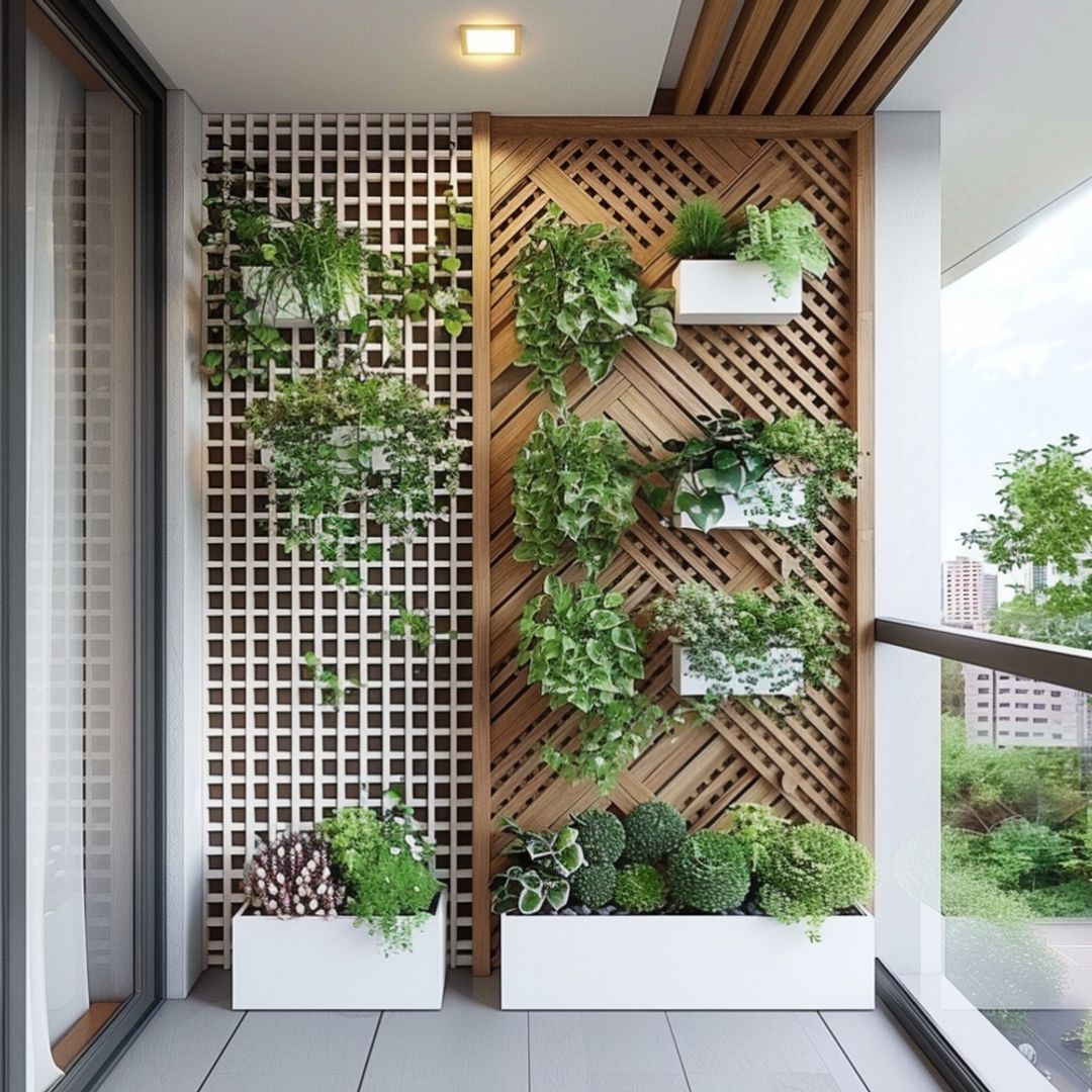 Spacious Tropical Balcony Design with Vertical Plant Frame and False ...