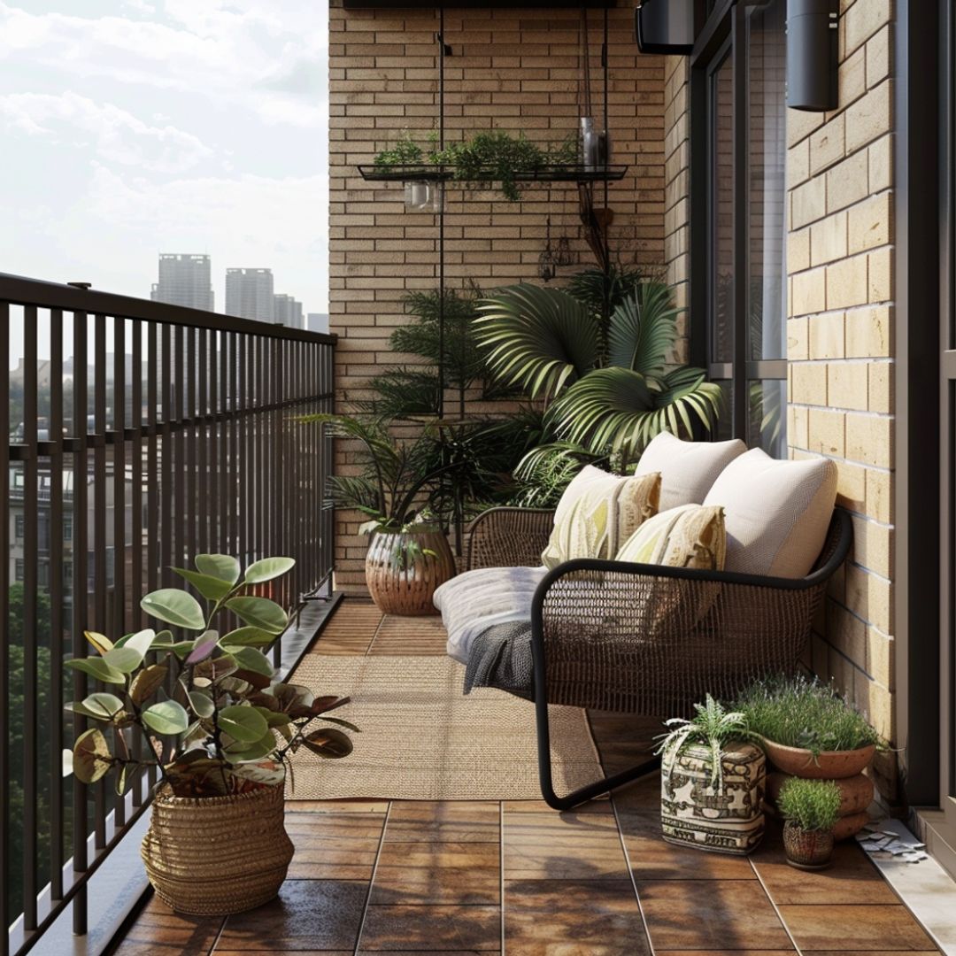 Tropical Balcony Design: 2-Seater Cushioned Seating, Brick Wall, and ...