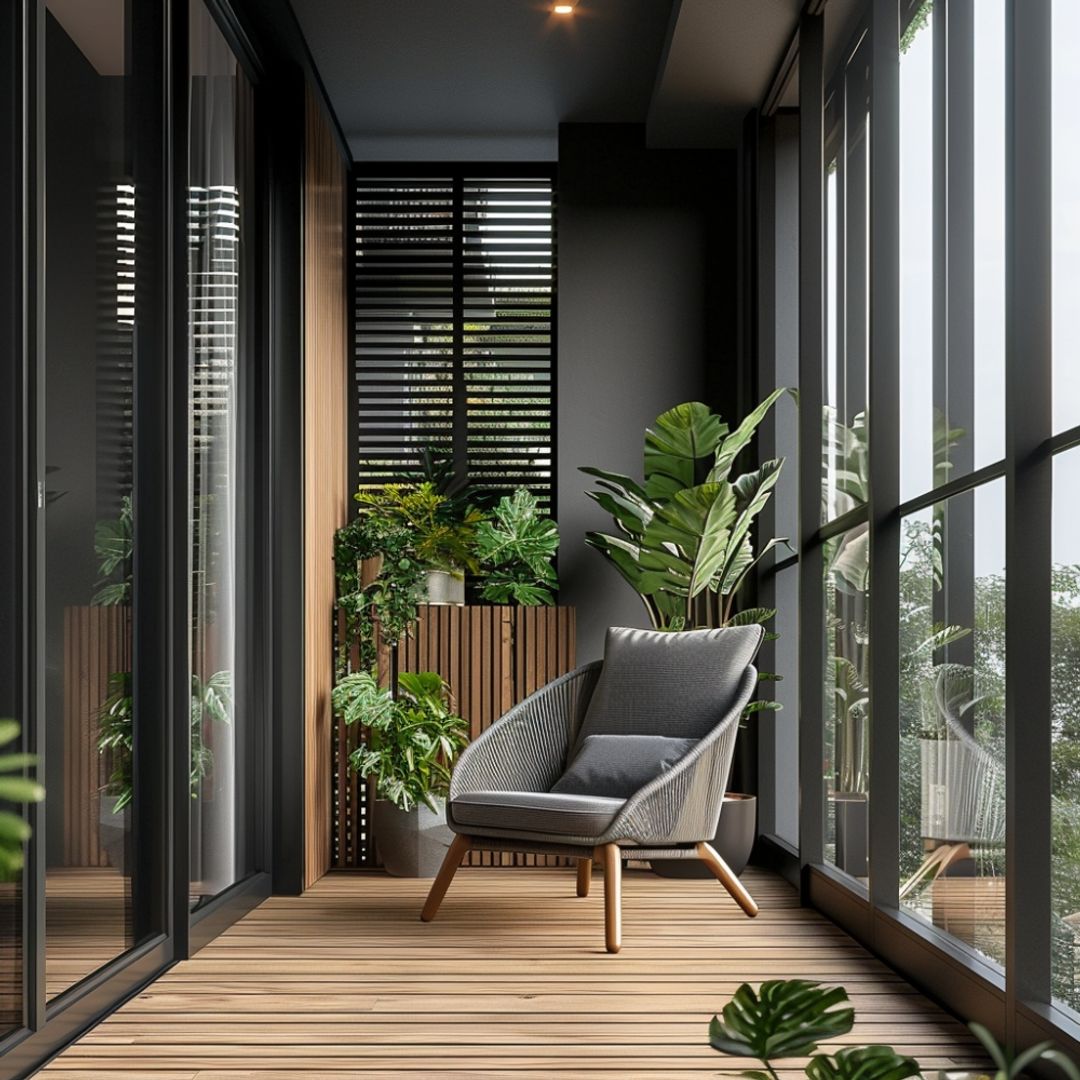 Elegant Tropical Balcony Design with Grey Walls and Wooden Half Wall Panel | Livspace