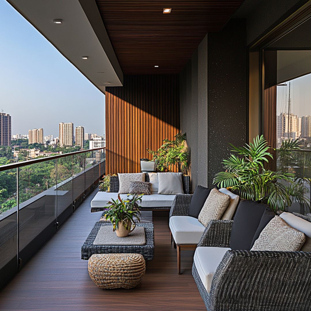 Inviting Contemporary Balcony Design Featuring Wooden Panels and Comfortable Seating | Livspace