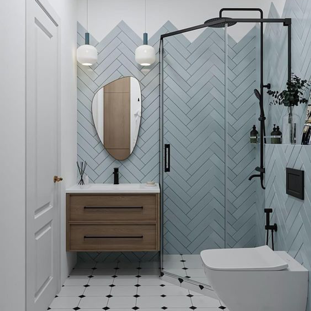 Scandinavian Bathroom Design Featuring Blue Tiles, Checkered Floor, and ...