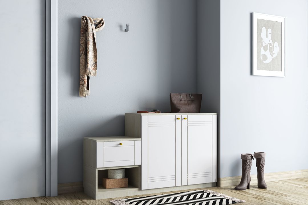 Spacious Modern Foyer Design with Floor Mounted Open and Closed Storage ...