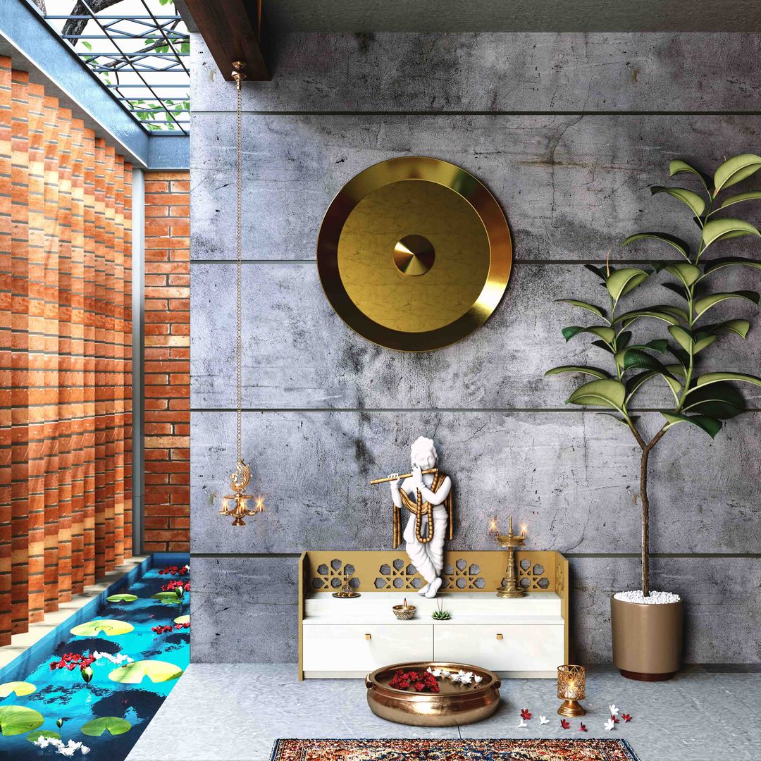 Modern Pooja Unit Design with White Storage with Drawers and Concrete ...