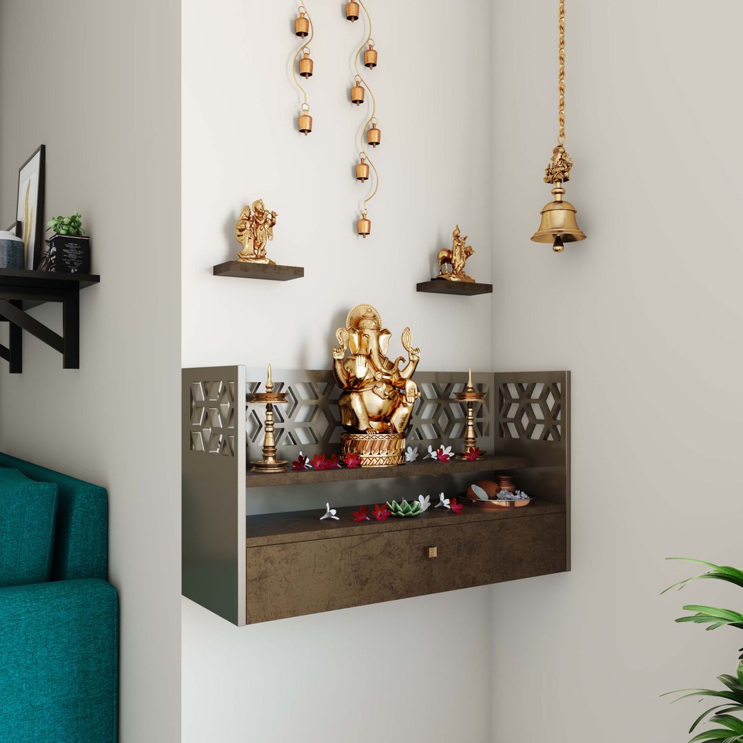 Mid-century Modern Golden Campino Pooja Unit Design with Cutouts and ...