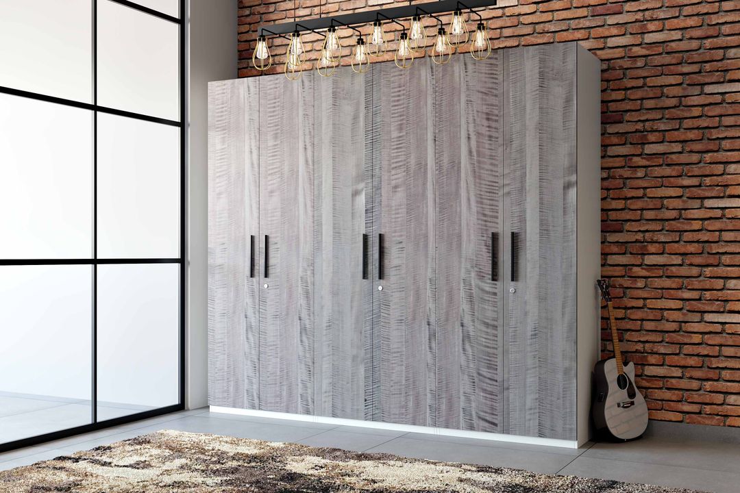 Light Grey Wooden Texture Swing Wardrobe Design for Indian Traditional ...