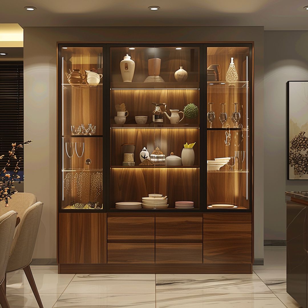 Modern Crockery Unit Design: Floor-to-Ceiling Tall Unit with Glass ...