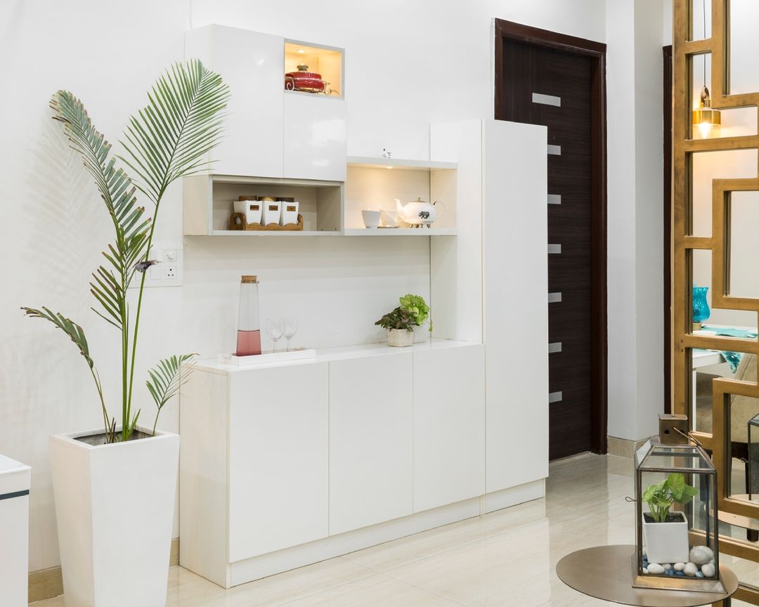 White and Champagne Modern Crockery Unit Design: Open Racks and Closed ...