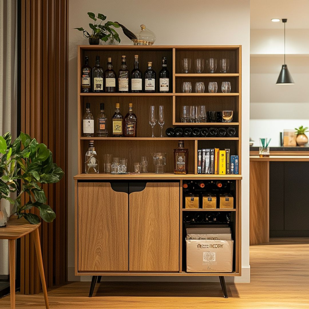 Mid-Century Modern Home Bar Design with Warm-Toned Wood and Black Metal ...