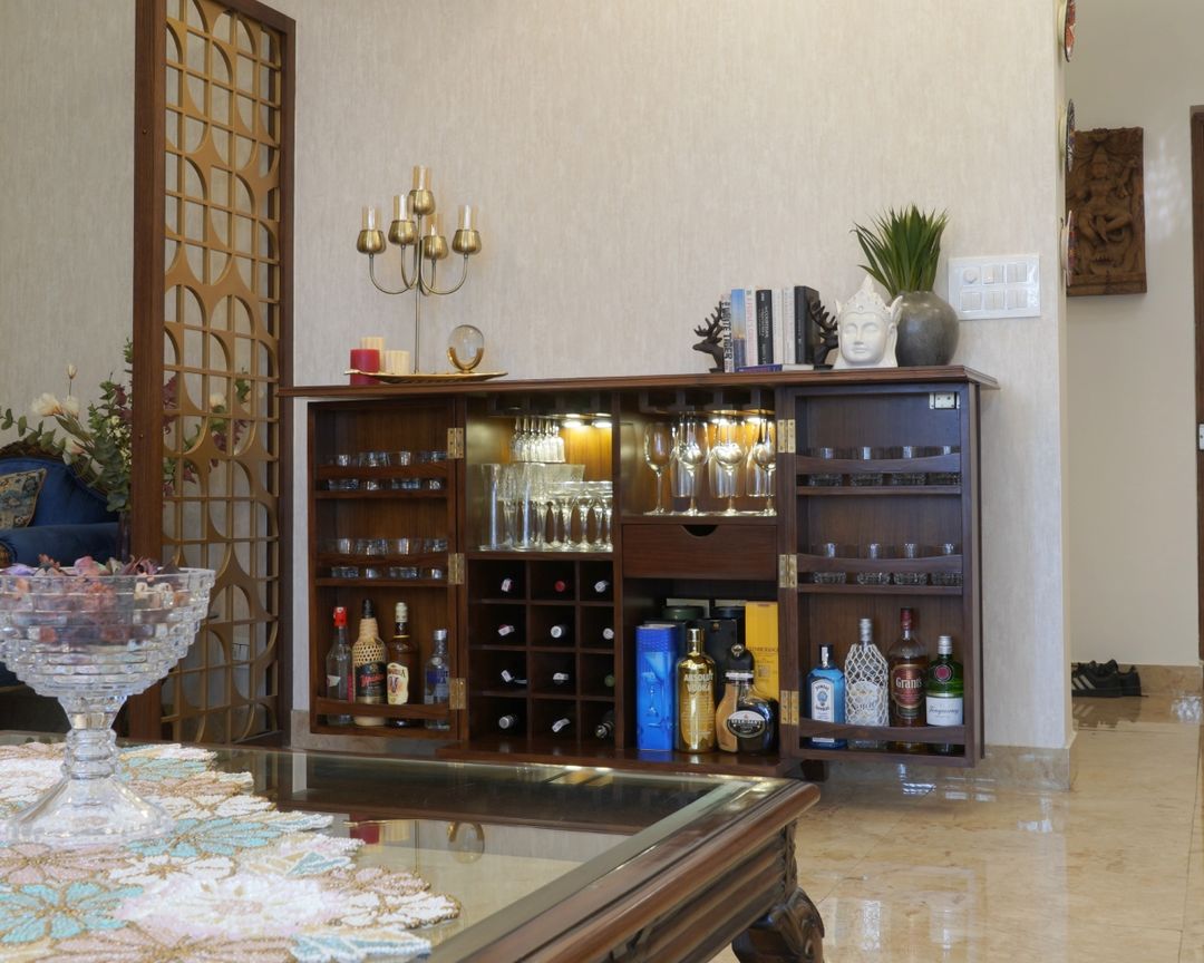 Mid-Century Home Bar Unit Design with Open Wine Glass Organizer | Livspace