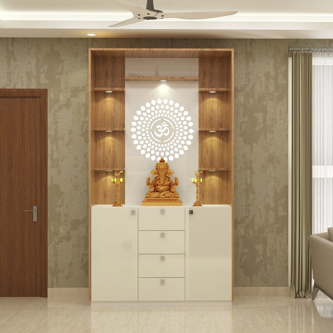 Modern Pooja Unit Design in White with Mandala Design, Open Racks and ...