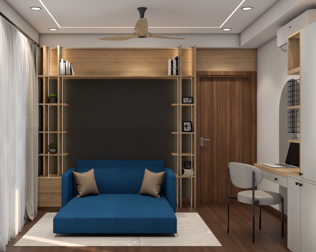 Space-Saving Living Room Design Features Blue Sofa Bed and Built-In ...