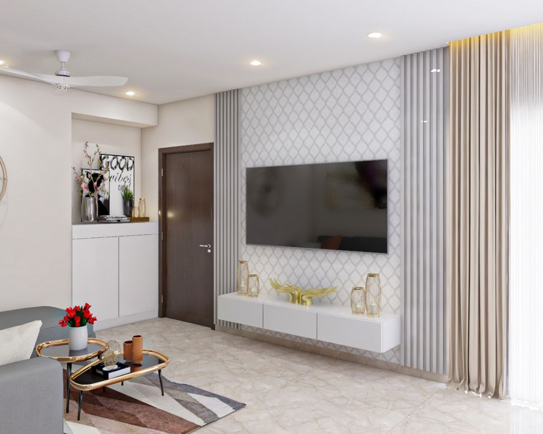 Modern TV Unit Design with White Base, Grey Panels, and Patterned ...