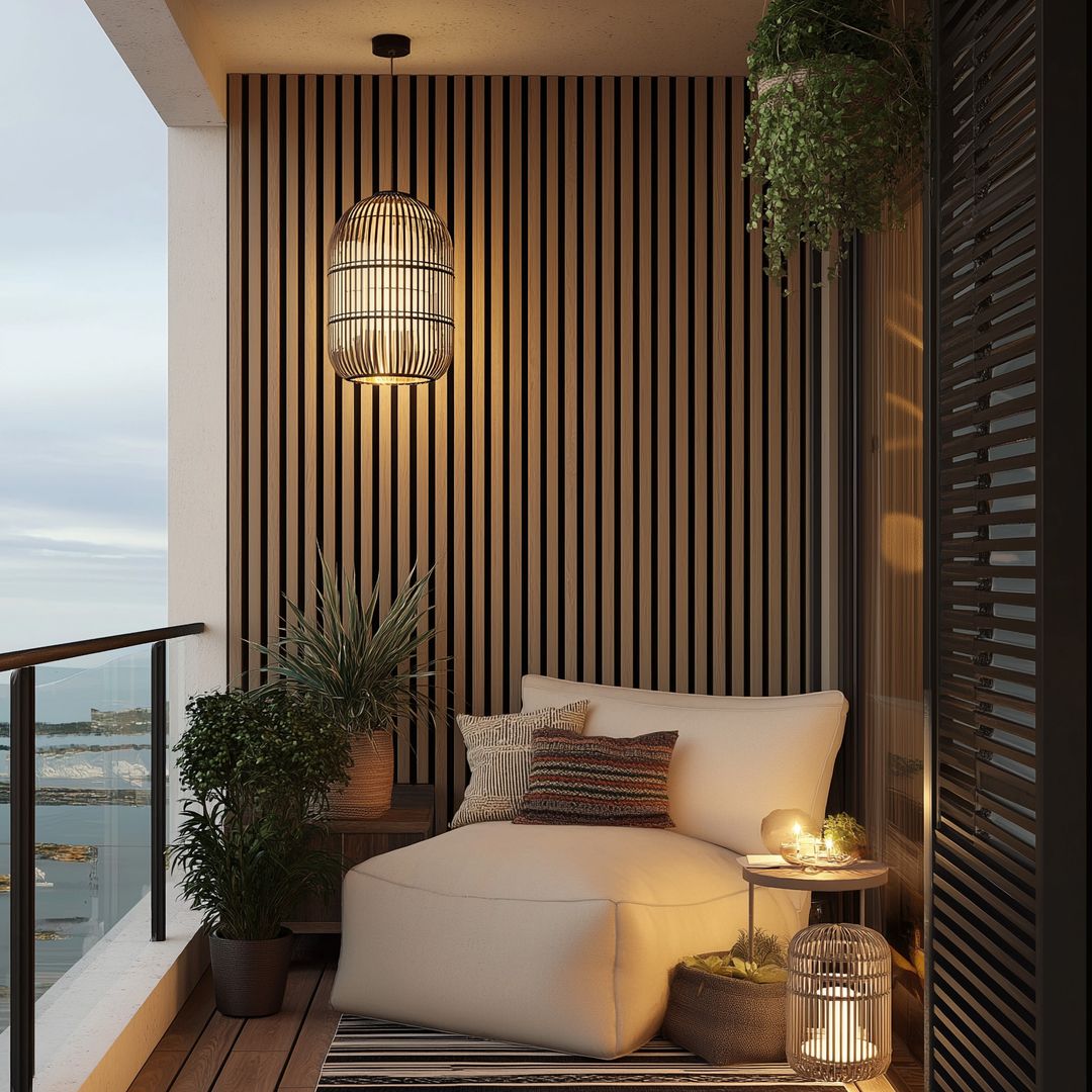 Balcony Design with Modern Vertical Slat Wall and Oversized Cushioned ...