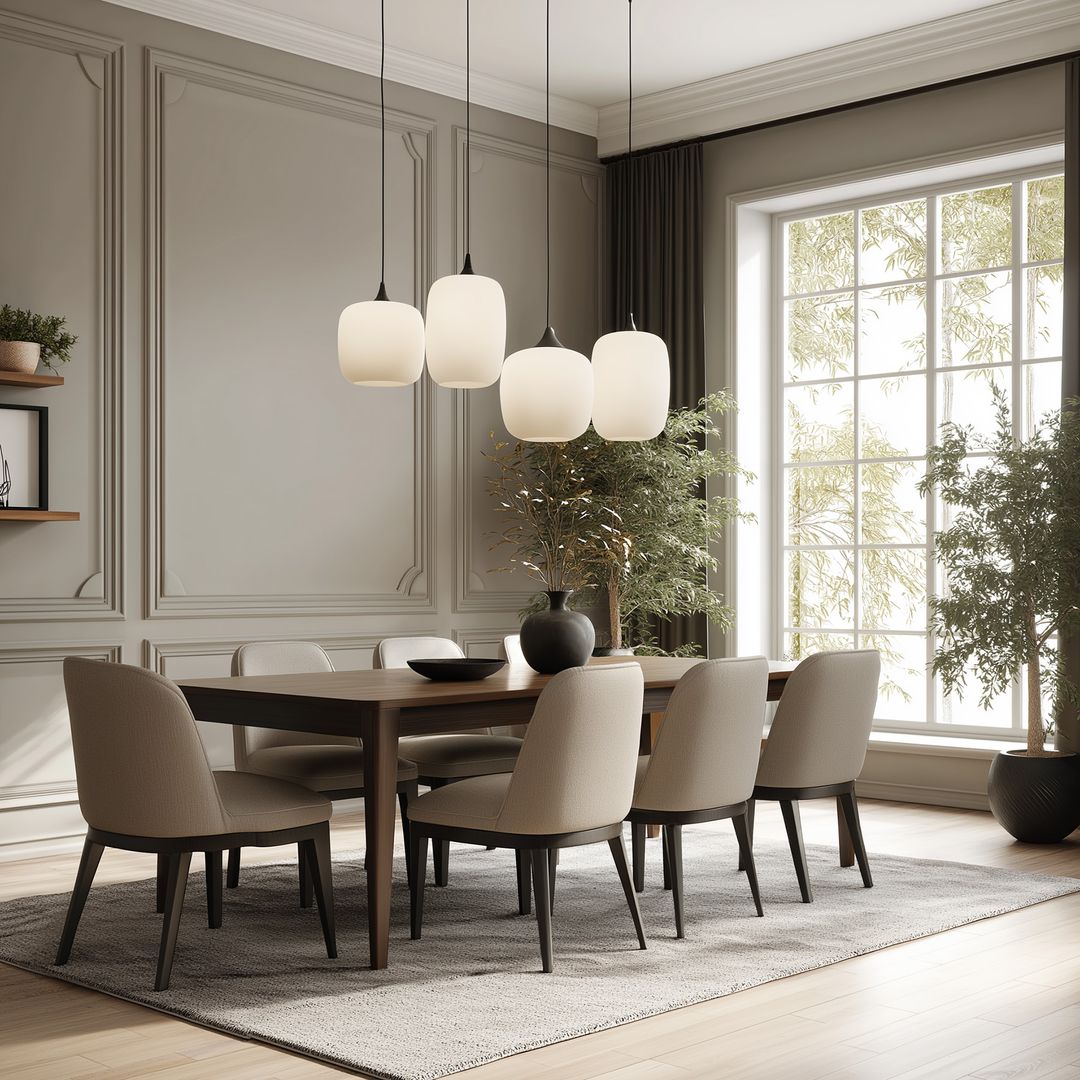 Dining Room Design with Classic Panel Walls, Dark Wood Table and Seven ...