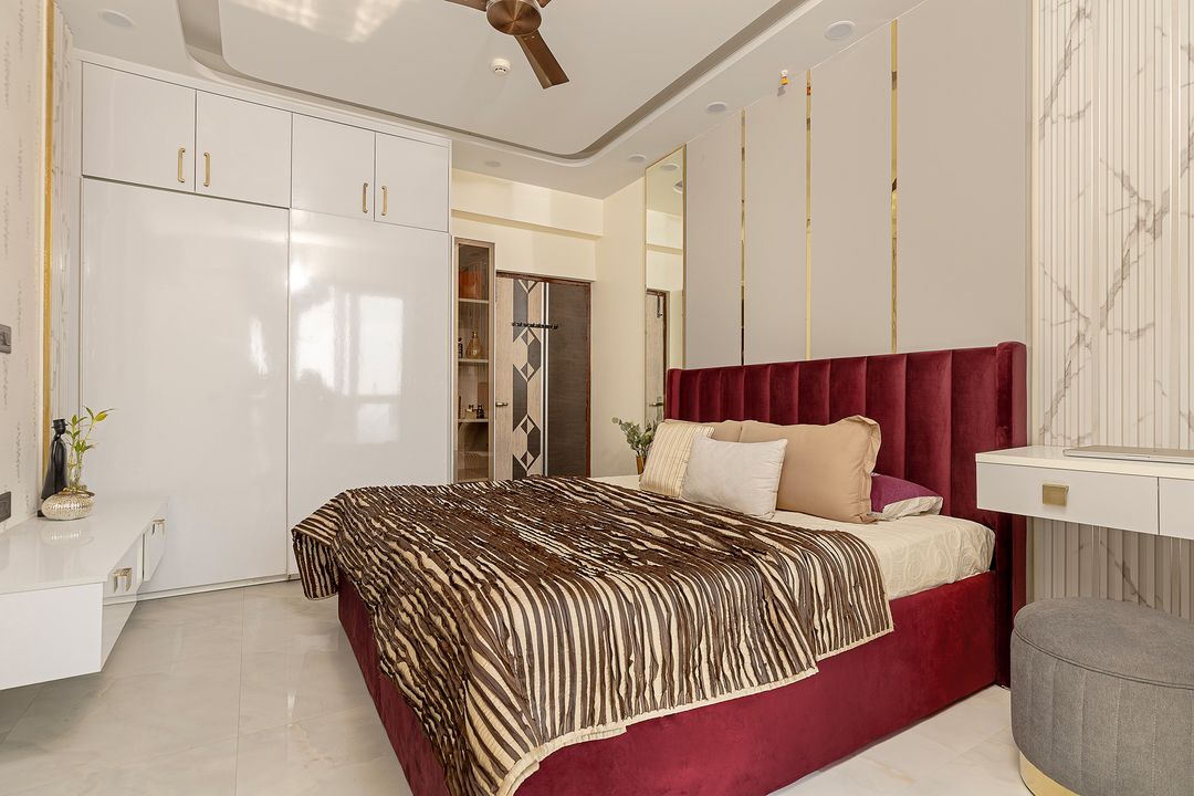 Master Bedroom Design with Modern Velvet Headboard Bed, Floating White ...