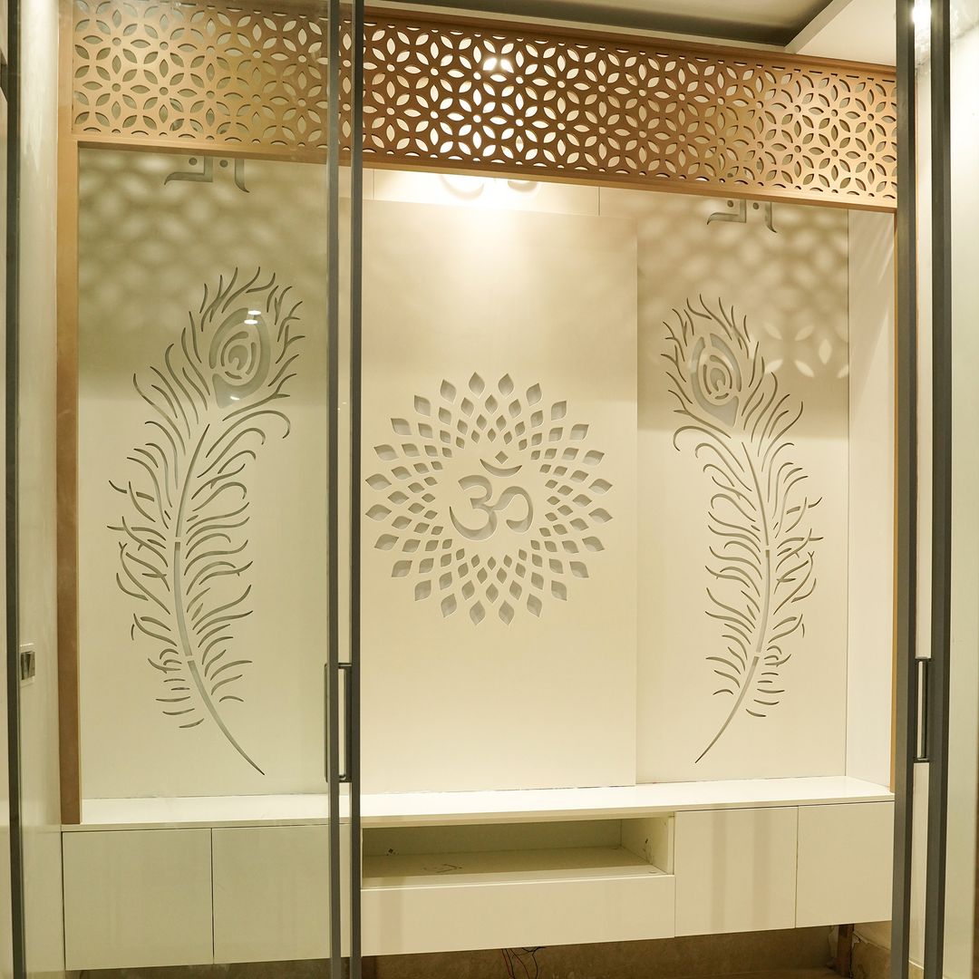 Pooja Design with Minimal Floating Cabinets, Om Motif Backlighting and ...