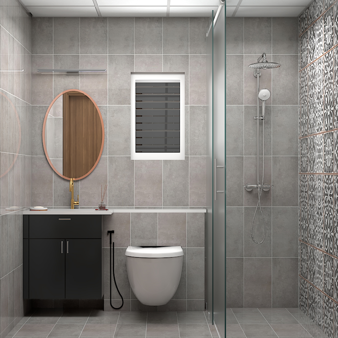 Spacious Grey Bathroom Design With Rustic Interiors | Livspace