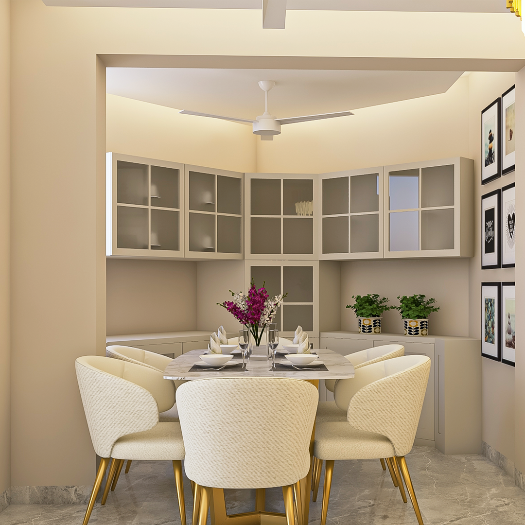 Angular 6-Seater Dining Room Design with Crockery Unit | Livspace