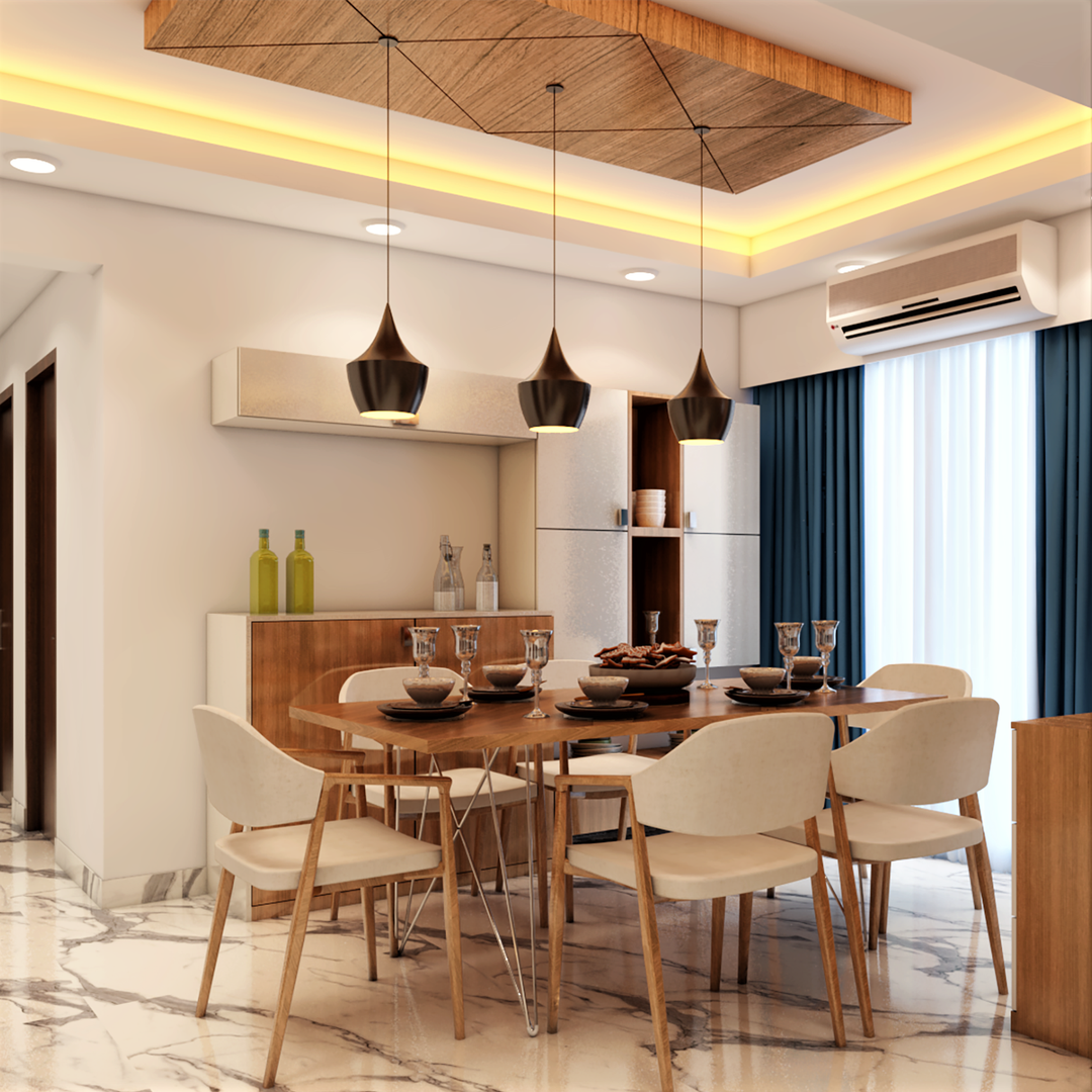 Compact 6-Seater Dining Room Design with Crockery Unit and Hanging ...