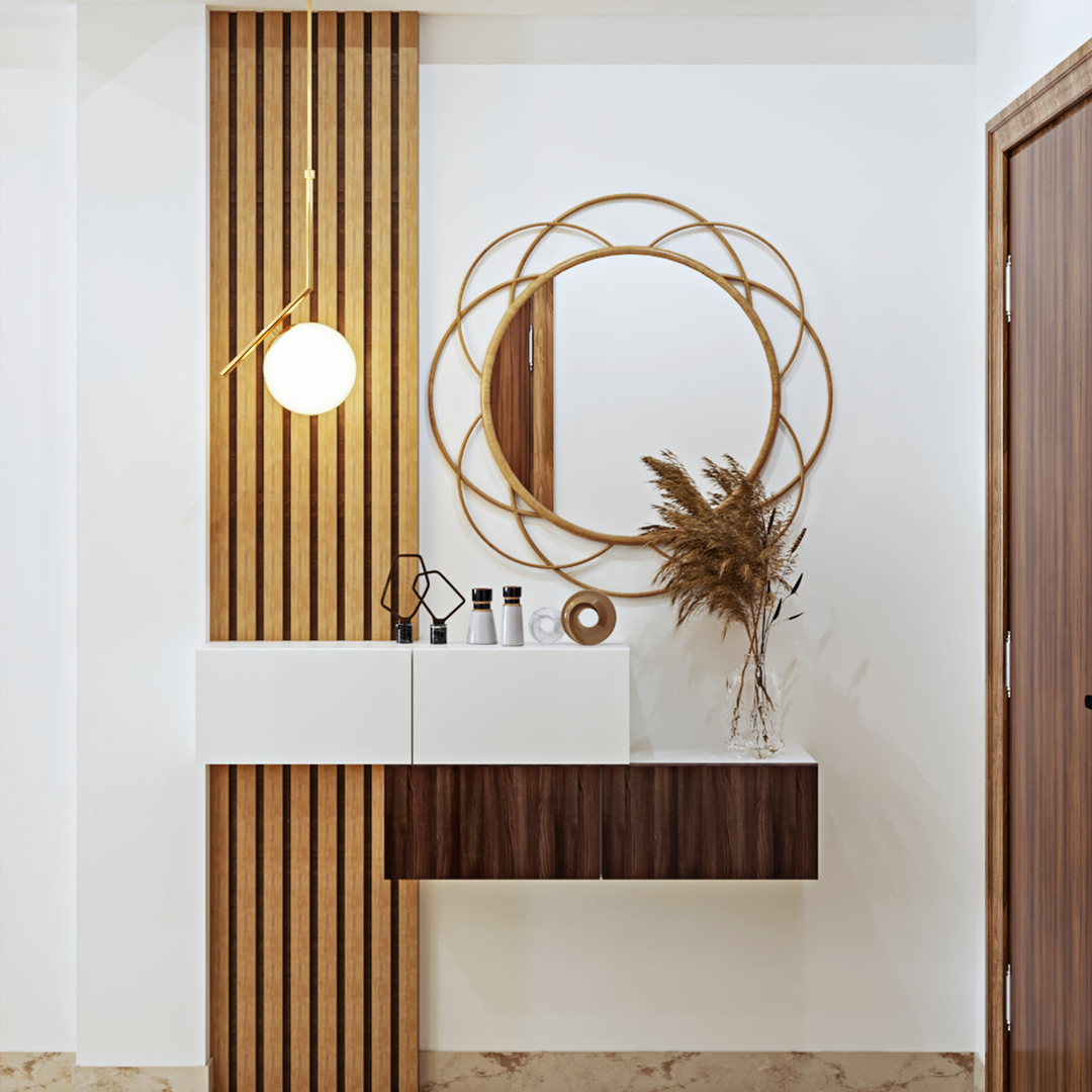 Wooden Panelling Contemporary Compact Foyer Design with Mirror | Livspace