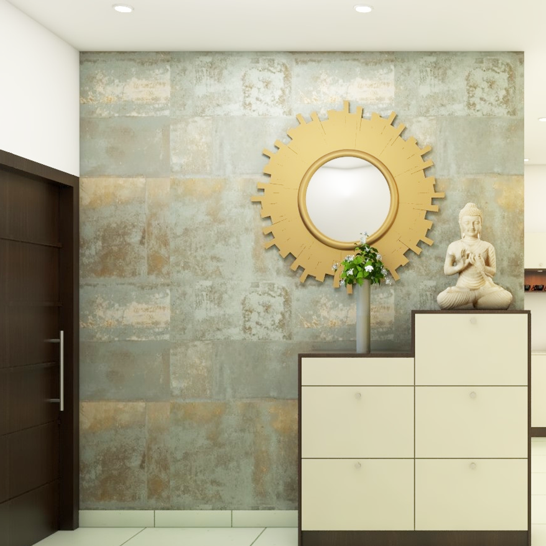 Buddha Statue Rustic Compact Foyer Design Idea with Mirror | Livspace