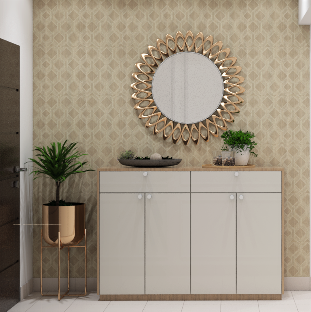 Classic Foyer Design with Framed Mirror on Wall and Wallpaper | Livspace