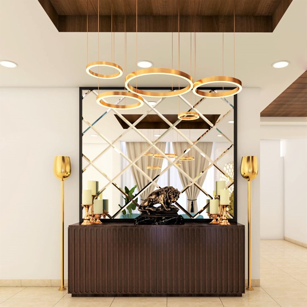 Classic Foyer with Wooden Ceiling and Golden Rings | Livspace