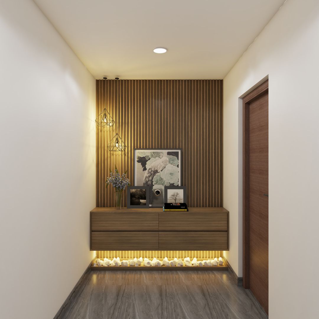 Modern Foyer Design with Hanging Wooden Storage and Hanging Lights ...