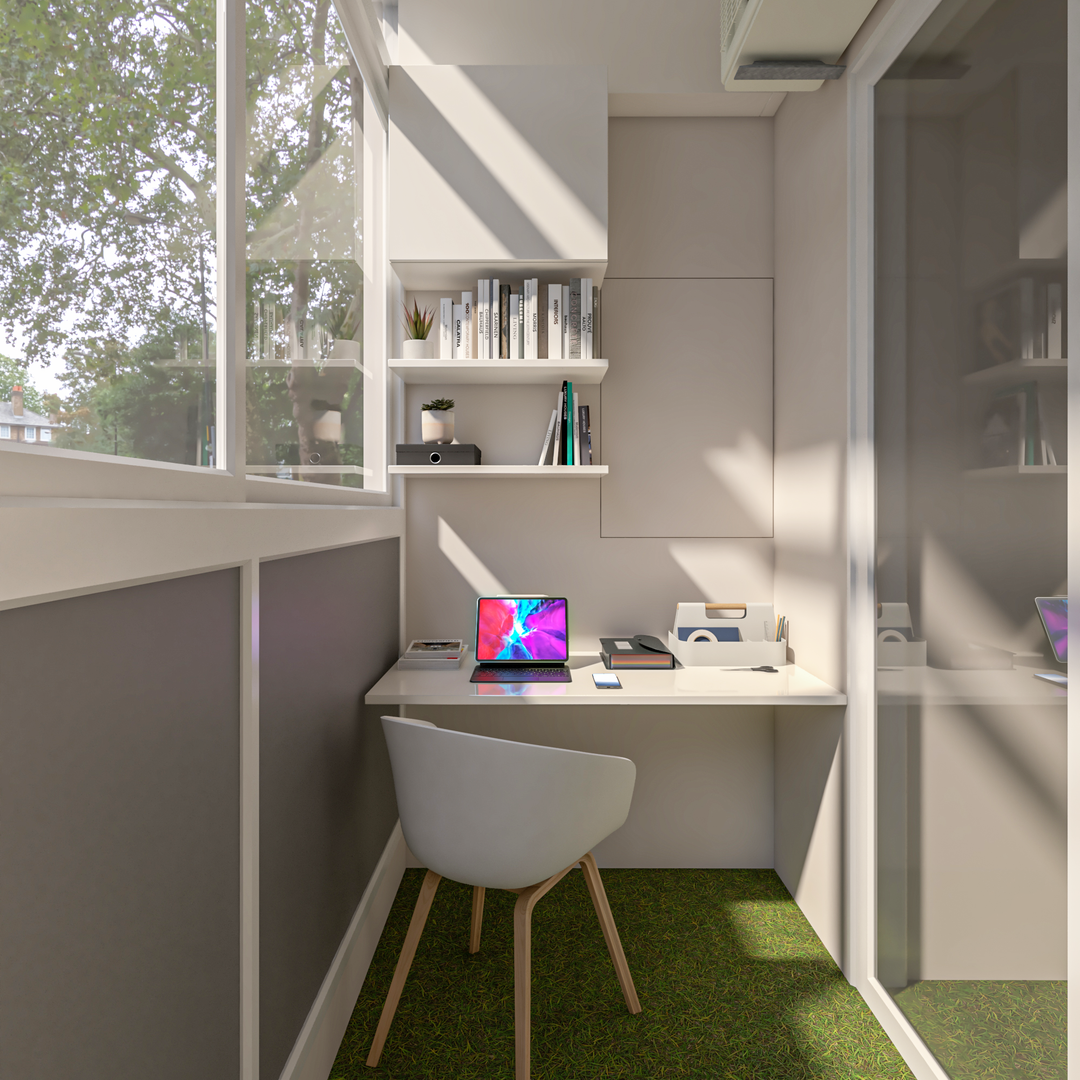 Home Office For Balcony with Wall-Mounted Cabinets and White Furniture ...