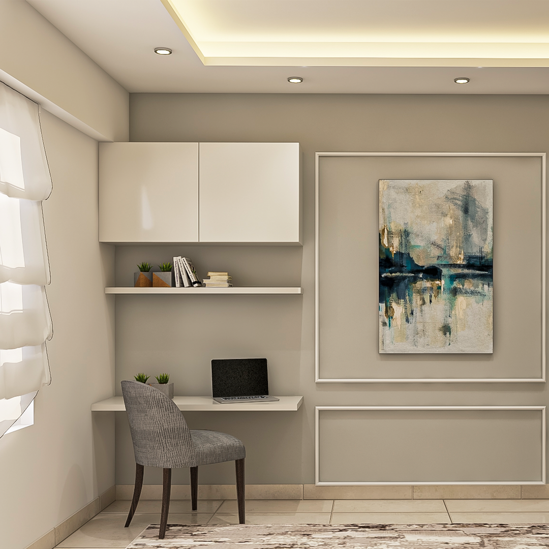 Contemporary Study with Artistic Wall Trims and Canvas Art | Livspace