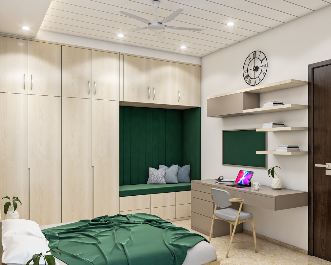 Modern Bedroom with Textured Letters on Accent Wall | Livspace