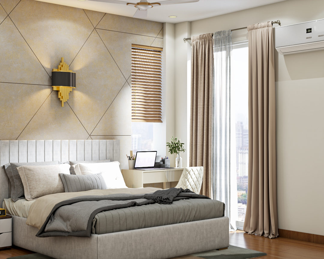 Rustic Compact Master Bedroom Design with Wall Lights and Large Window ...