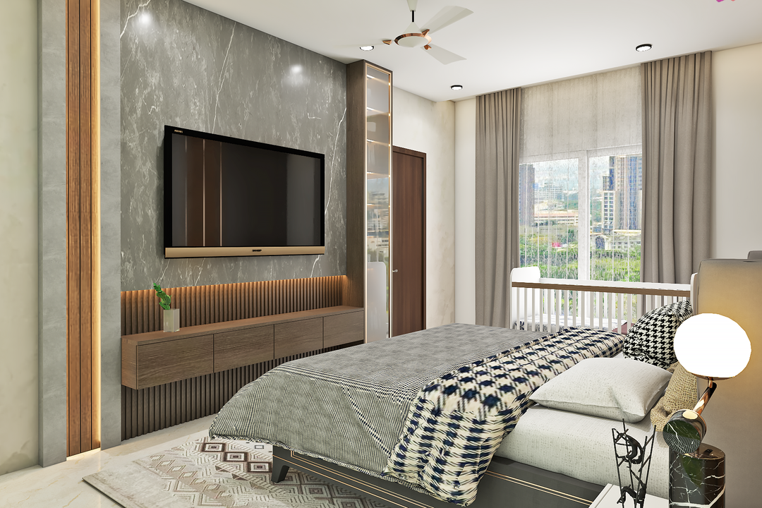 Spacious Grey And Beige Master Bedroom Design With Wall Design | Livspace