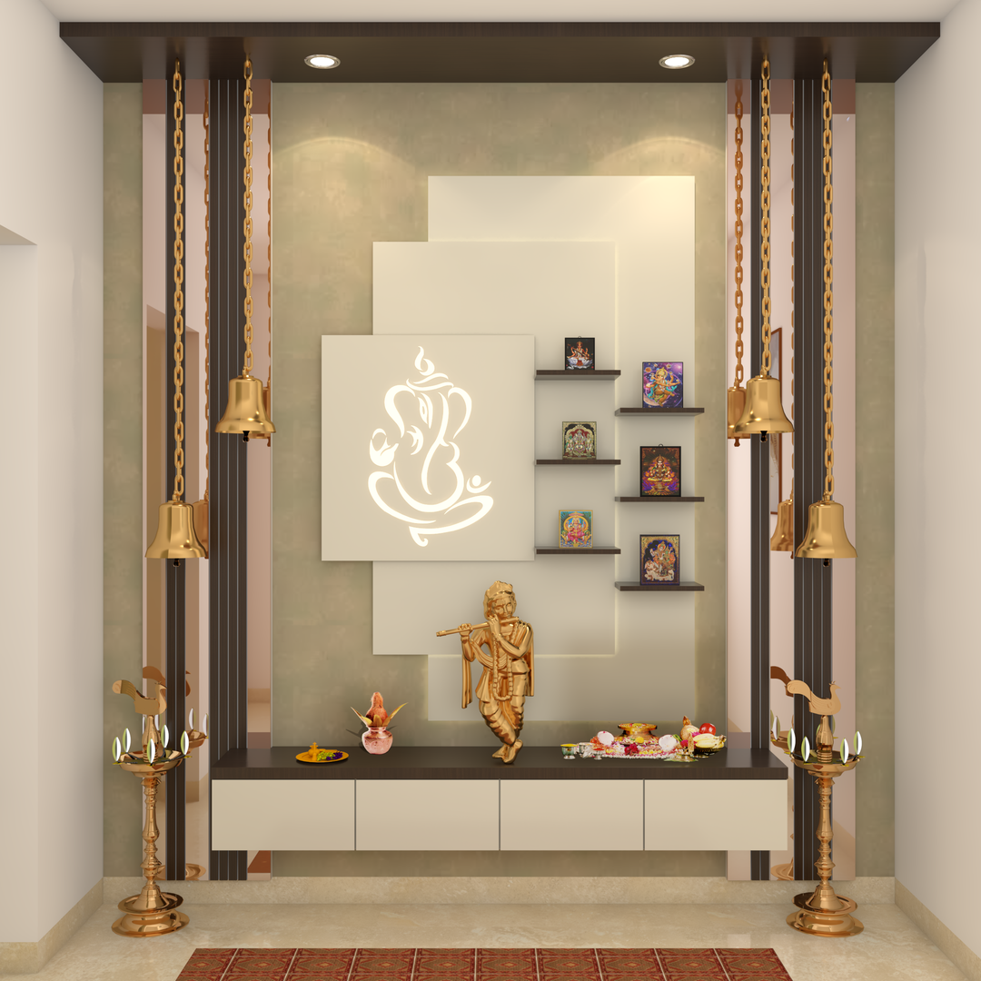 Textured Backdrop Modern Spacious Pooja Room Design | Livspace