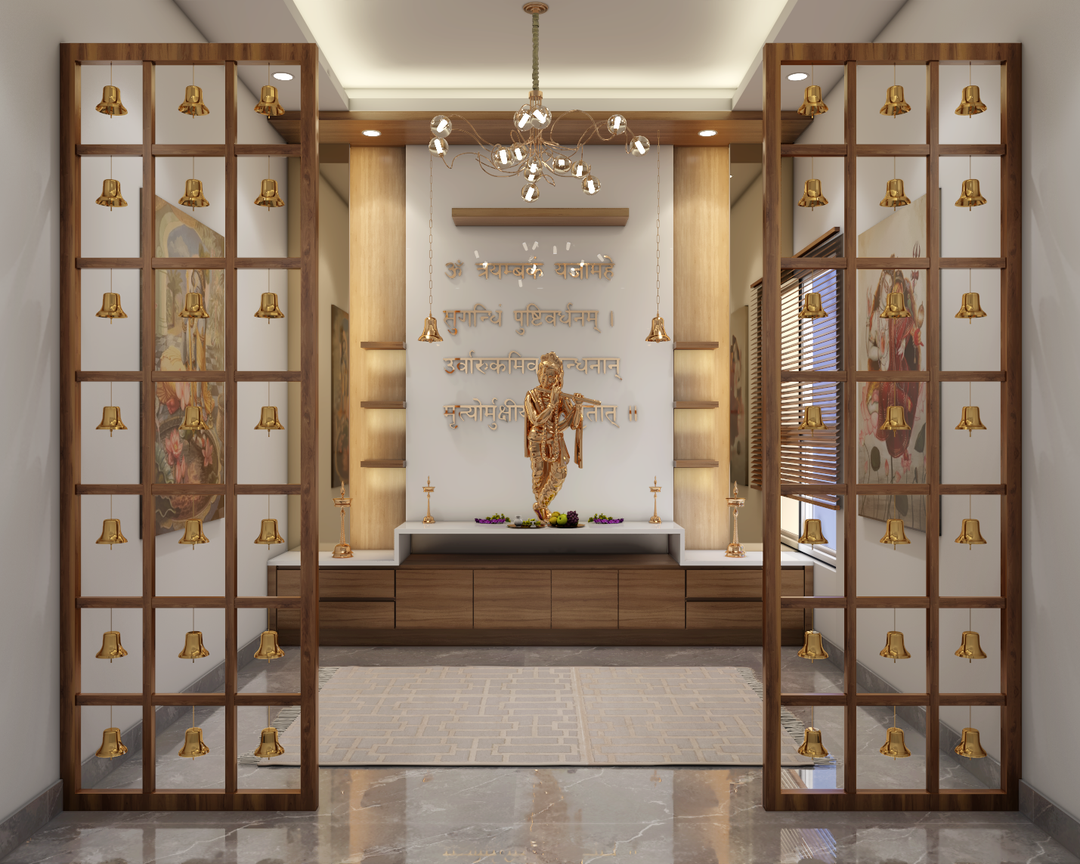 Modern Pooja Room with Multiple Golden Bells and Wooden Platform for ...