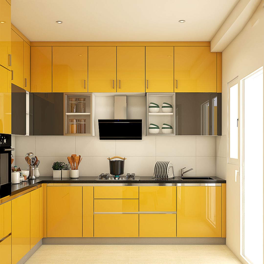 Cream-Coloured Kitchen Tiles Design With A Matte Finish | Livspace