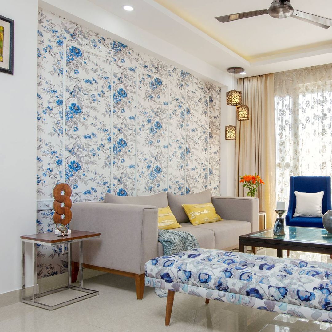 Floral Wallpaper Design With Wall Trims | Livspace