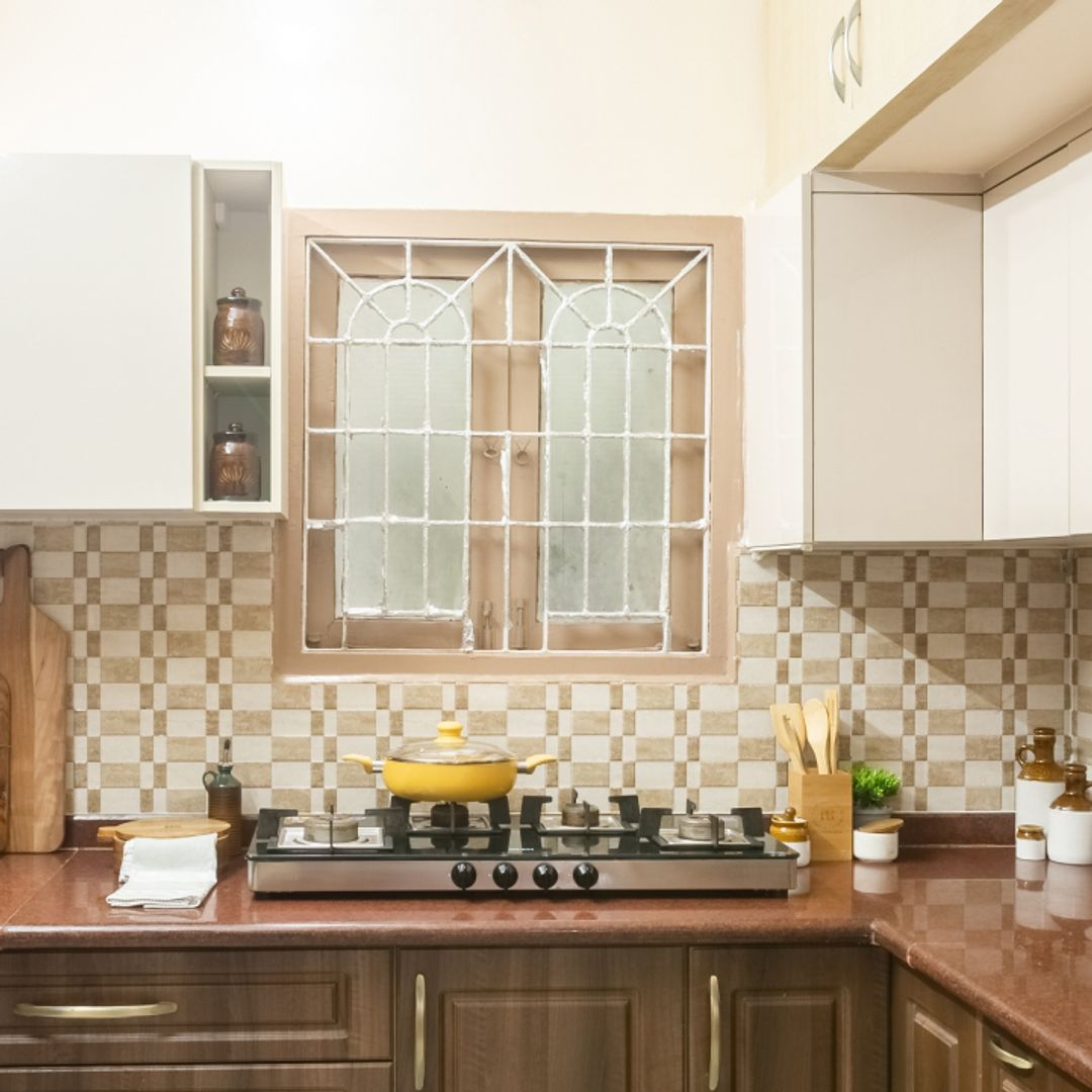 Compact Brown Window Design For Kitchens | Livspace