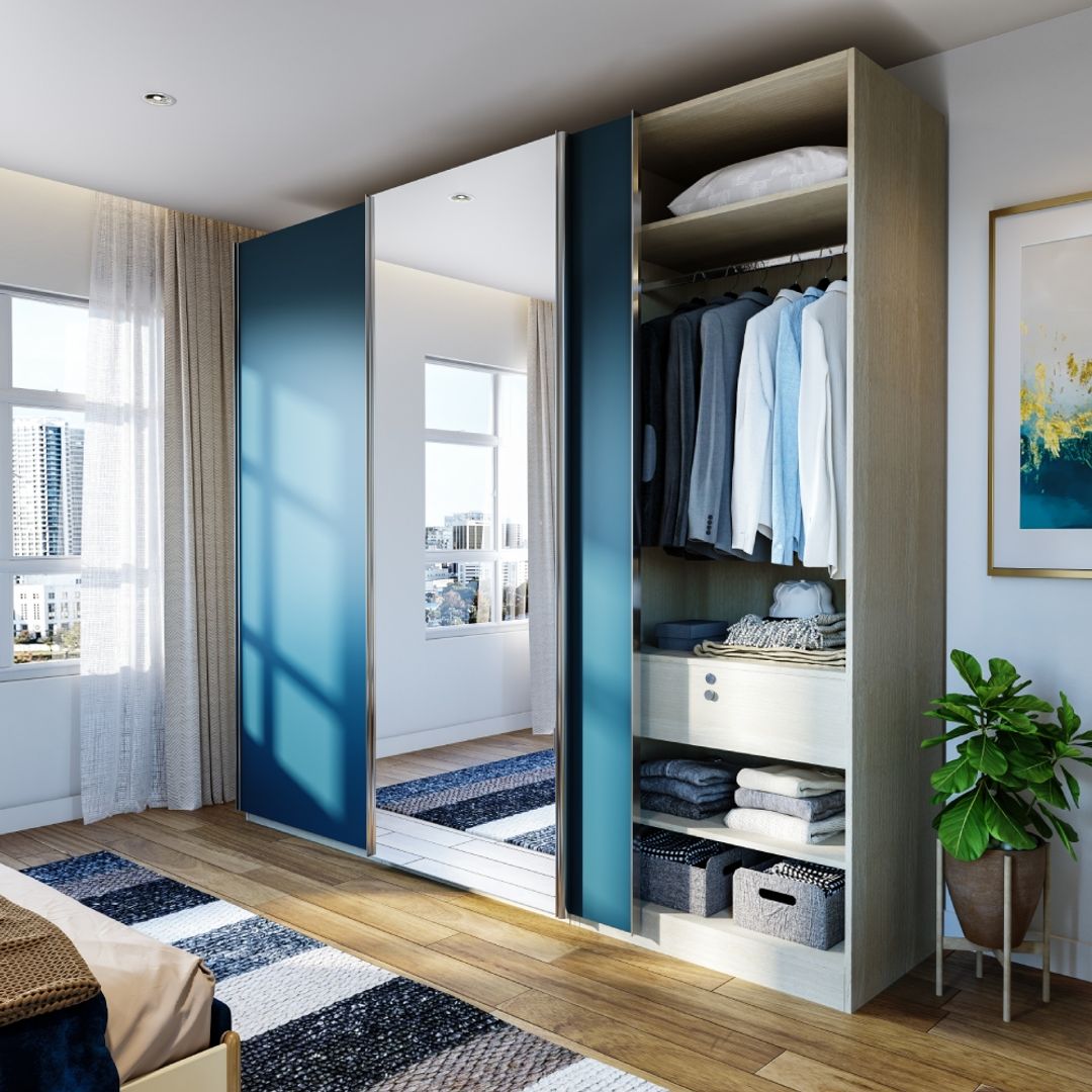 3-Door Blue Space Saving Sliding Wardrobe Design With Mirror | Livspace