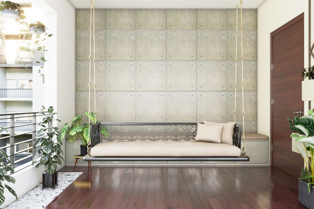 Spacious Balcony Design With Two Swings And Metal Square Wall Panels ...