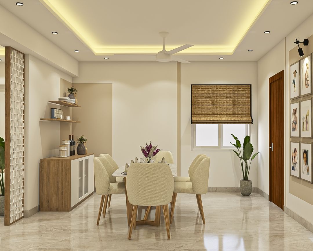 White And Beige 6-Seater Dining Room Design With White And Wood Storage ...