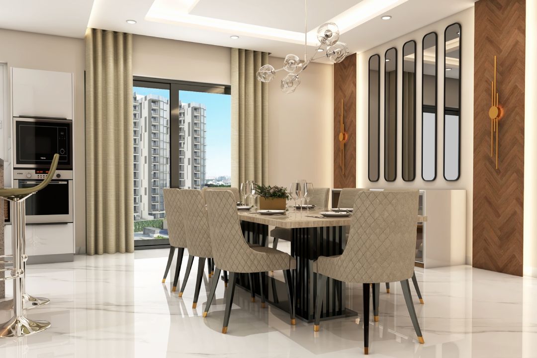 8-Seater Beige Dining Room Design With Crockery Unit And Mirror ...