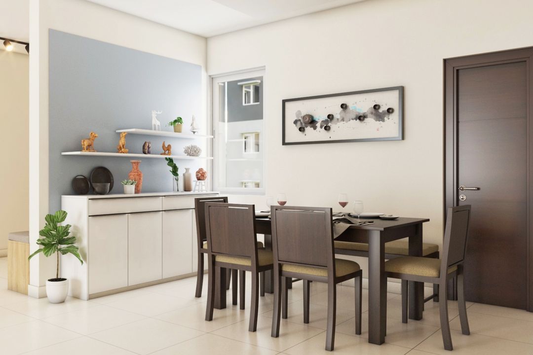 Beige And Wood 4-Seater Dining Room Design With Crockery Unit And Wall ...