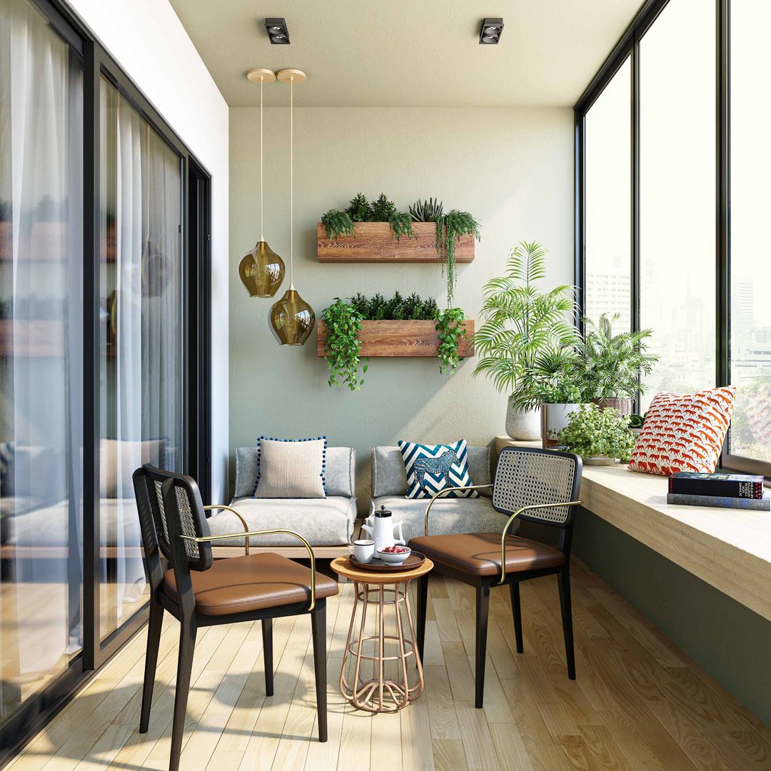 Classic Compact Balcony Design With Beige Textured Wall Paint And Wall-Mounted Planters | Livspace