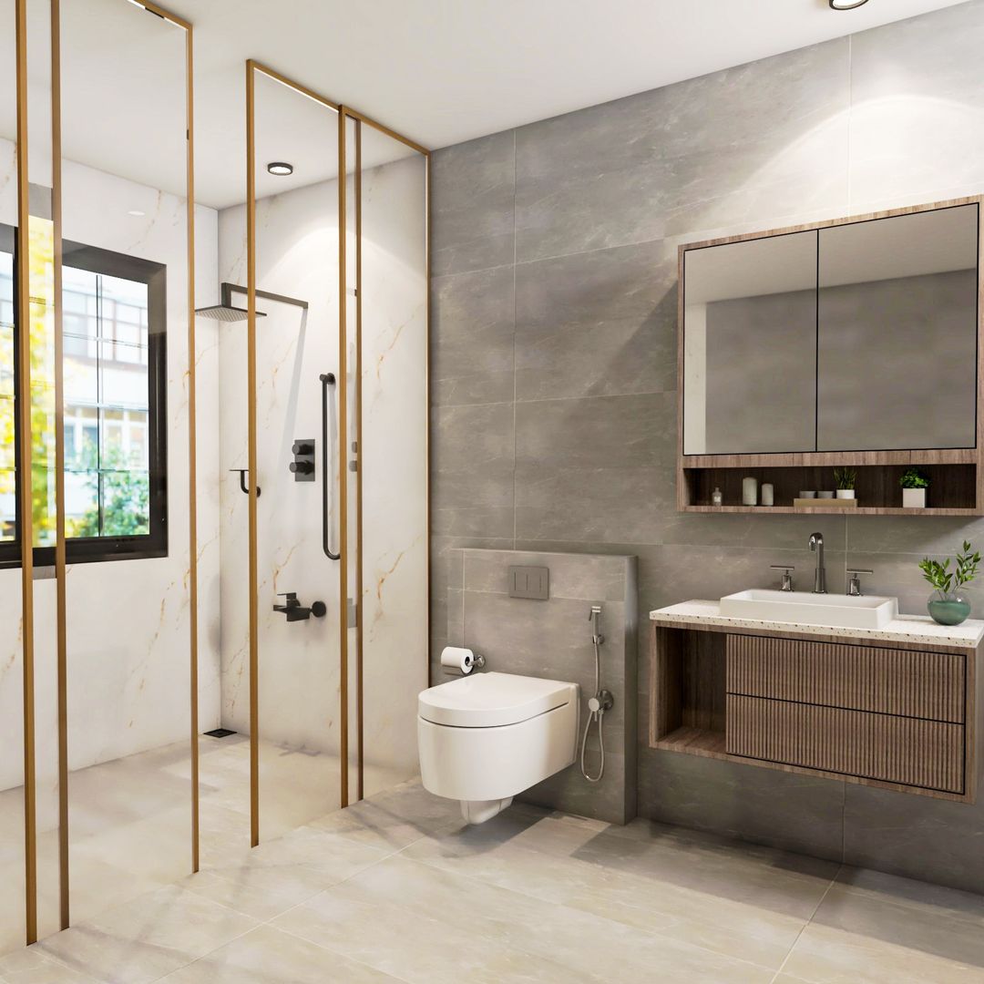 Contemporary Bathroom Design with Wooden Vanity Unit and Gold-Frame Partition | Livspace