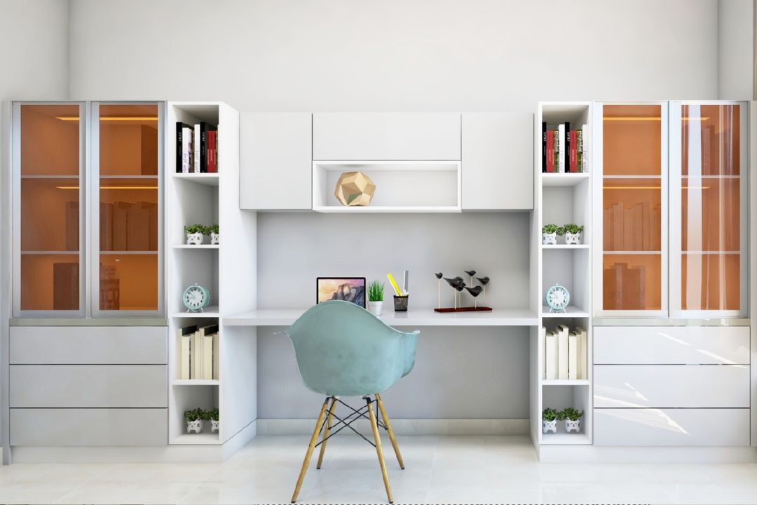 White Spacious Home Office Design With Open Shelves And Closed Storage ...