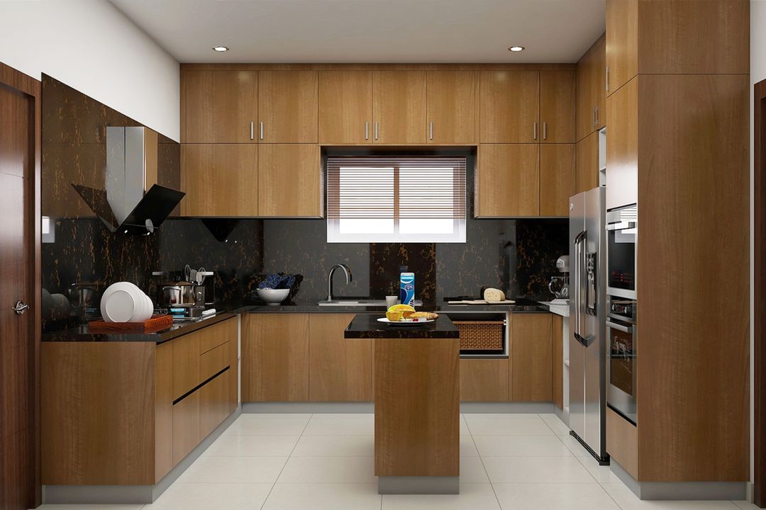 Modular U-Shaped Wooden Kitchen Design With Kitchen Island And Black ...