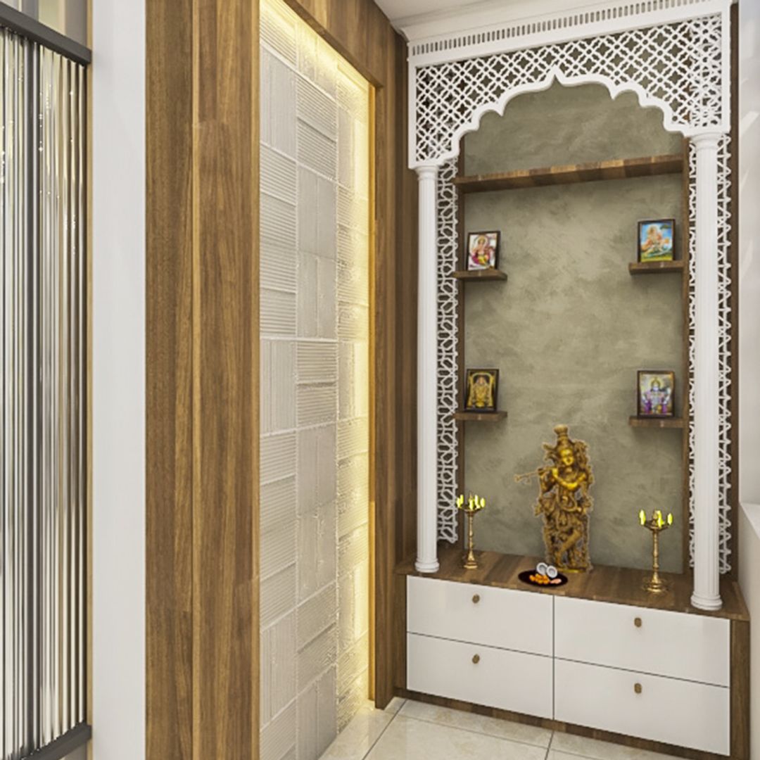 White And Wood Floor-Mounted Mandir Design With CNC-Cut Jali Work ...